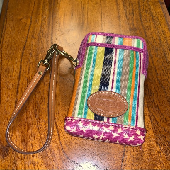 Fossil | Bags | Fossil Mini Wristlet Wallet Coated Canvas Leather Trim ...